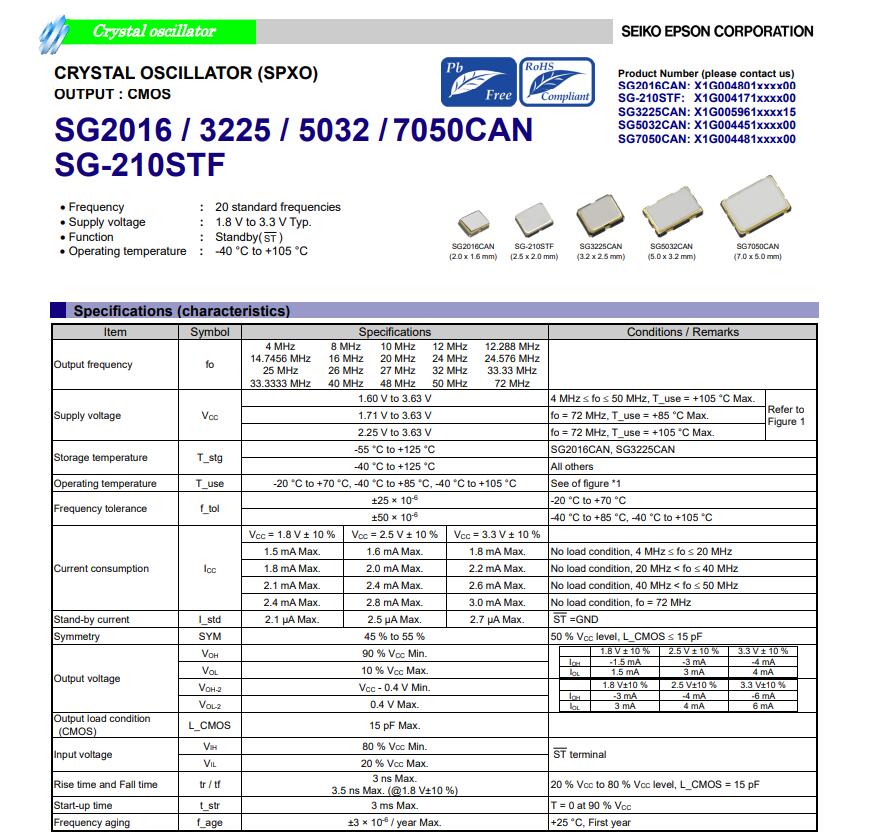 车规级晶振X1G004481025400日本爱普生EPSON有源晶振7050 SG7050CAN 10.000000MHz TJHA - 深圳市宝士达电子有限公司